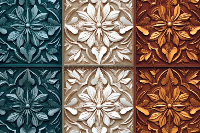 A Set of Four Different Colored Tiles with Floral Designs Stock ...