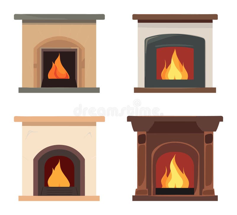 Set of Four Different Fireplaces with Burning Fires. Various Designs ...