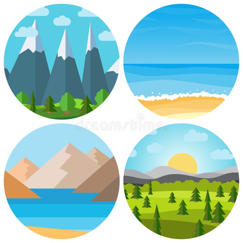 Set of Four Different Vector Cartoon Landscape in Circle. Stock Vector ...