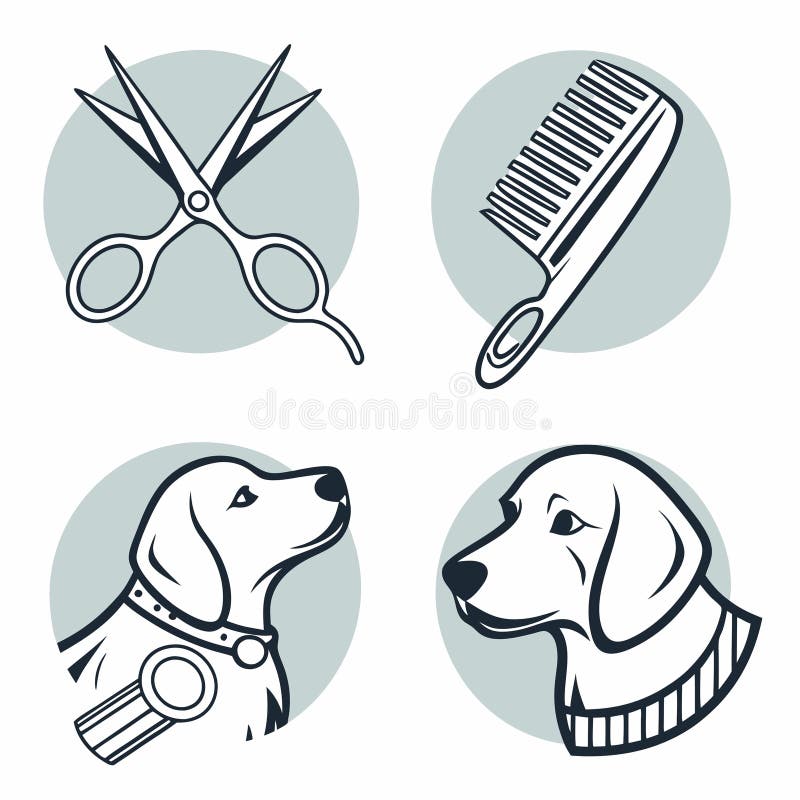 A Set of Four Dog Heads with a Comb and Scissors in the Middle Stock ...
