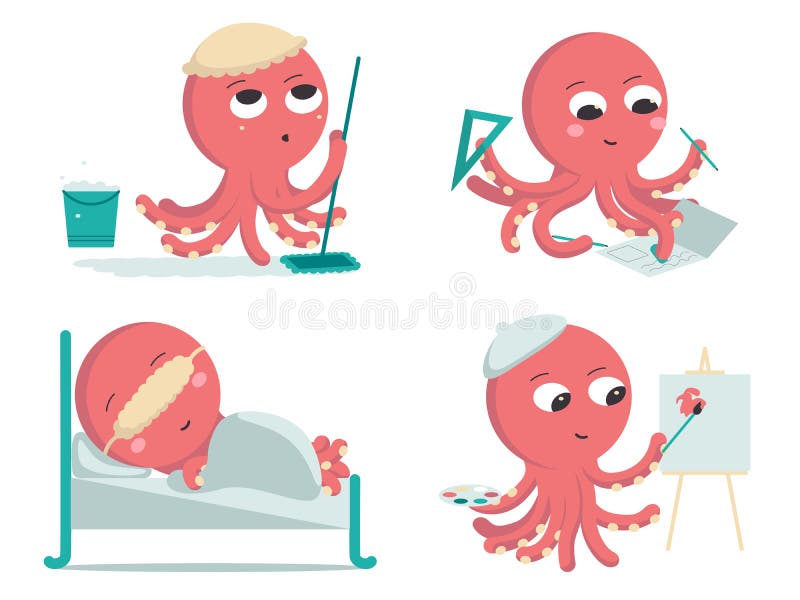 A Set of Four Drawings of Red Octopus Characters Sleeping, Cleaning ...