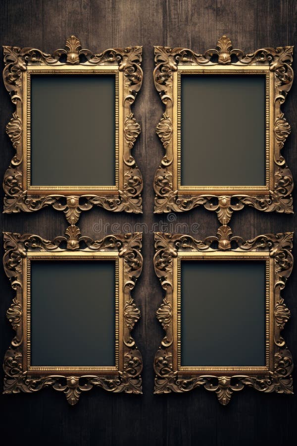 A Set of Four Elegant Gold Frames Hanging on a Rustic Wooden Wall ...