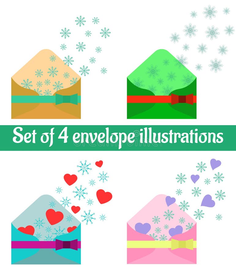 Set of Four Envelope Illustrations with Snowflakes and Hearts Stock ...