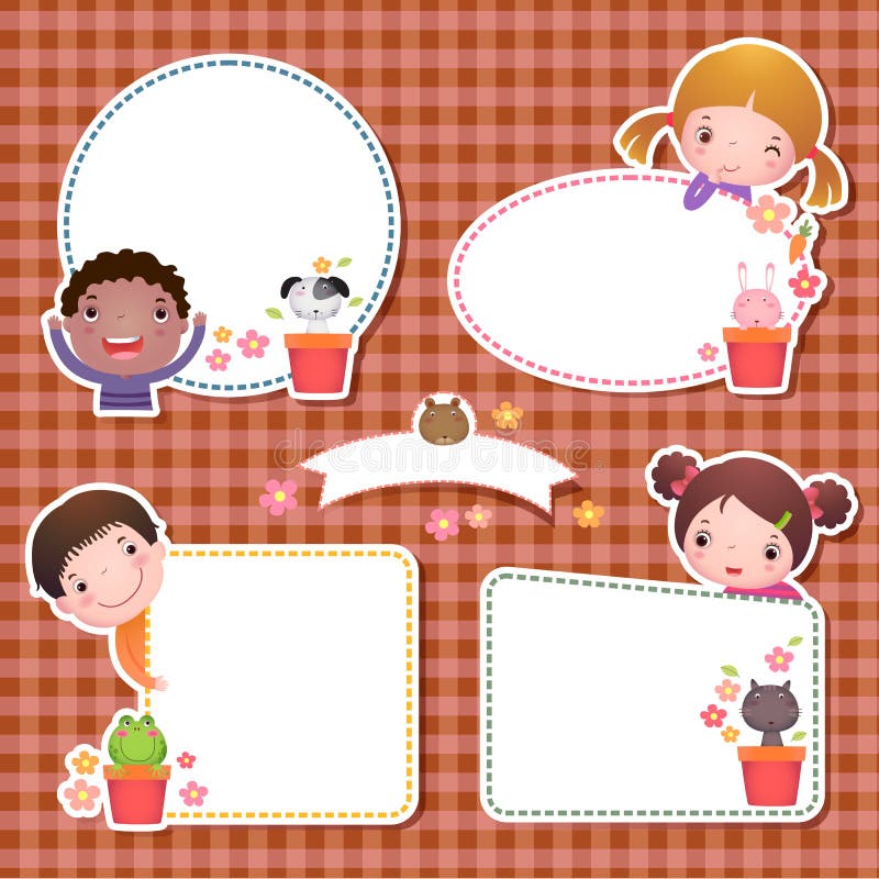 Set of Four Frames with Cute Cartoon Kids Stock Vector - Illustration ...