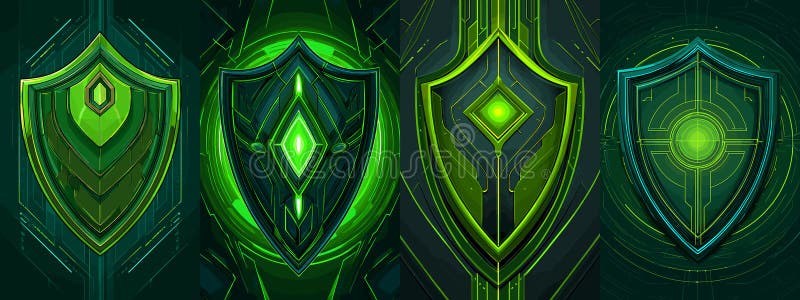 Set of Four Futuristic Green Shield Designs for Digital Graphics Stock ...