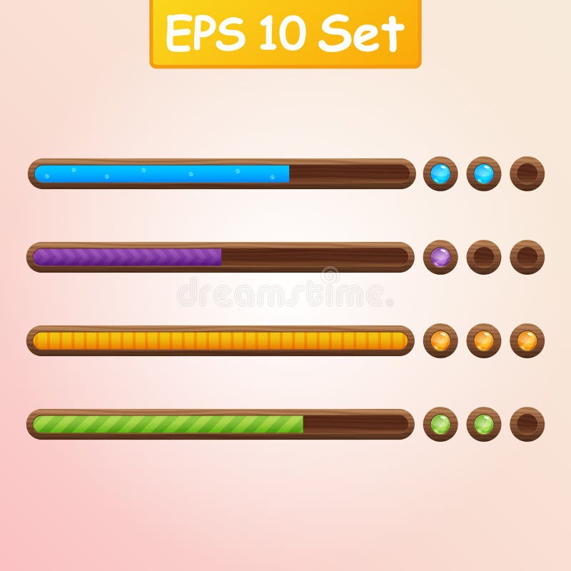 Set of Four Game Resource Bar in Wooden Frame. Cartoon Style Gui ...
