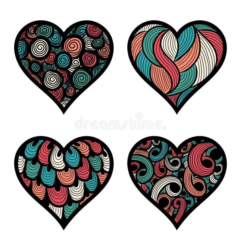 Set of Four Hand-drawn Doodle Hearts Stock Illustration - Illustration ...