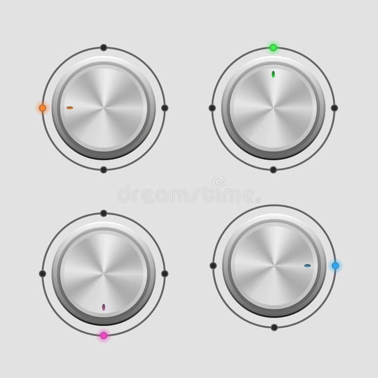 Set of Four Metal Control Knobs with Colorful Lights - Vector ...