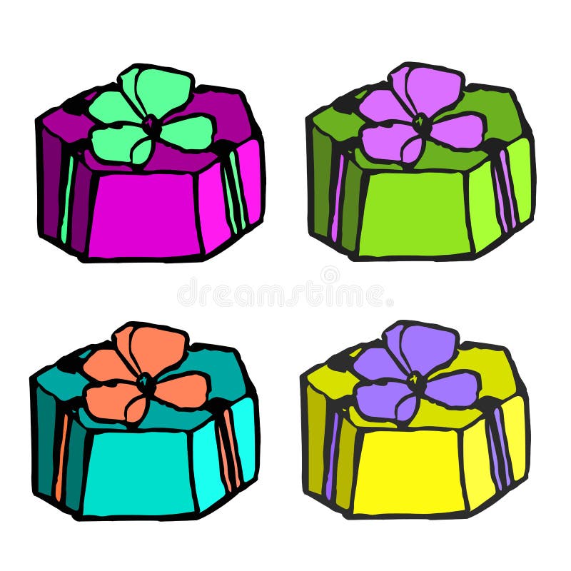 A Set Of Four Multi-colored Gift Boxes With Bows. Hand Draw. Doodle ...