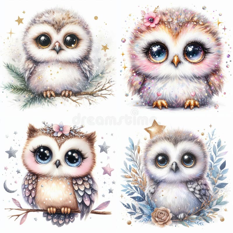 Set of four owl stock illustration. Illustration of clothing - 334423813