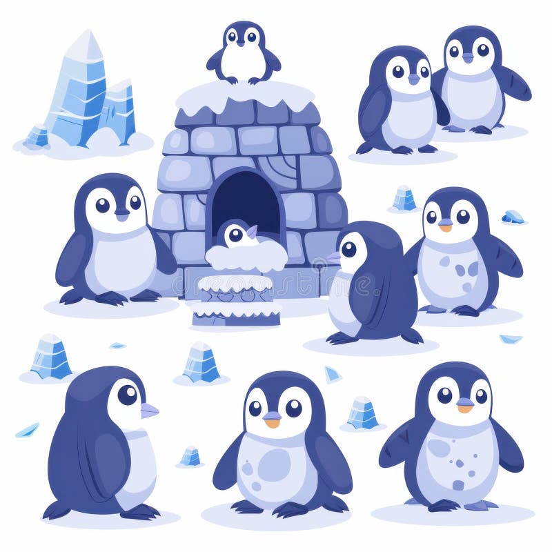 A Set of Four Penguins in Various Poses, with One of Them Holding a ...