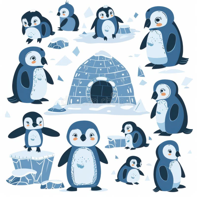 A Set of Four Penguins in Various Poses, with One of Them Holding a ...