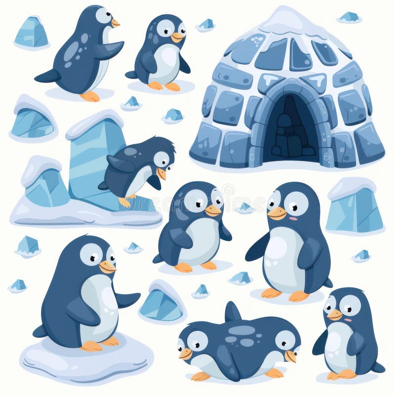 A Set of Four Penguins in Various Poses, with One of Them Holding a ...