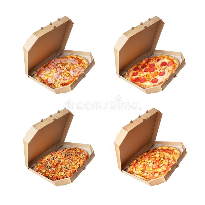 Set of Four Pizzas with Different Ingredients in Cardboard Boxes Stock ...