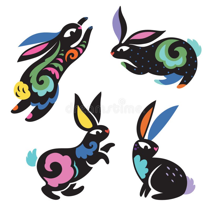 Set of Four Rabbits Logo with Folk Ornaments Inside Stock Vector ...