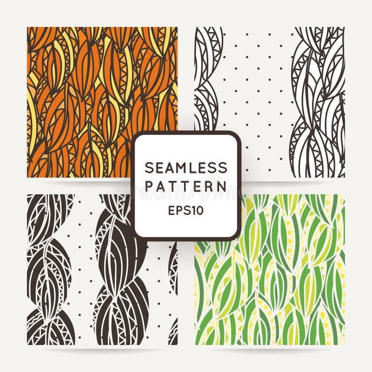 Set of Four Seamless Decorative Patterns with Zentangle Leaves. Stock ...