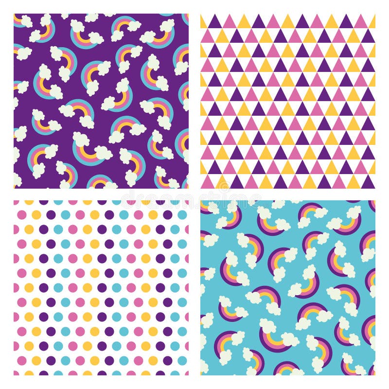 Set of Four Seamless Pattern with Rainbows and Geometric Shapes Stock ...