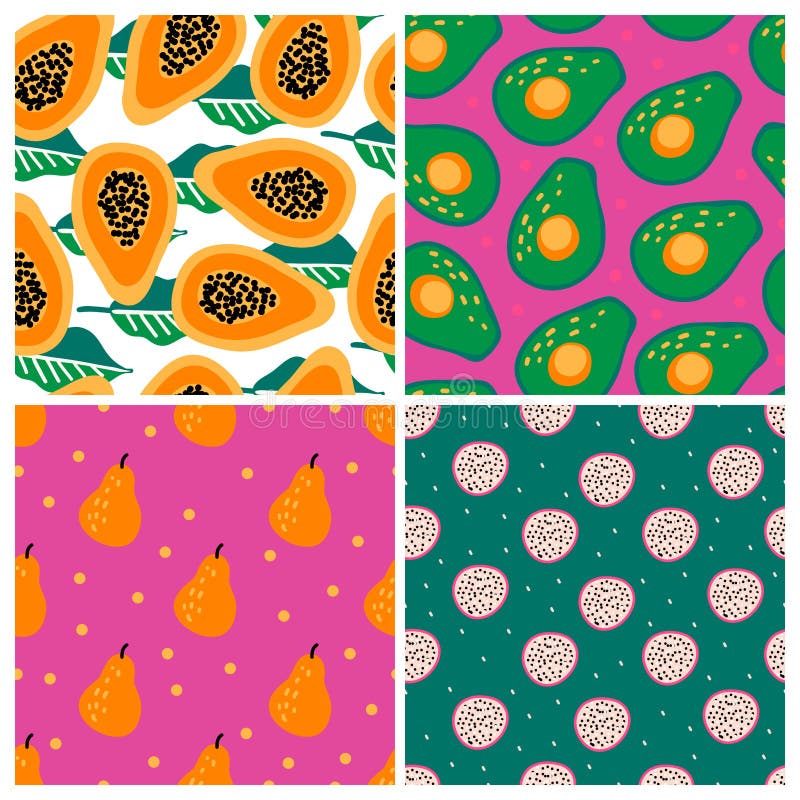 Set of Four Seamless Repeat Patterns with Hand Drawn Fruits and Berries ...
