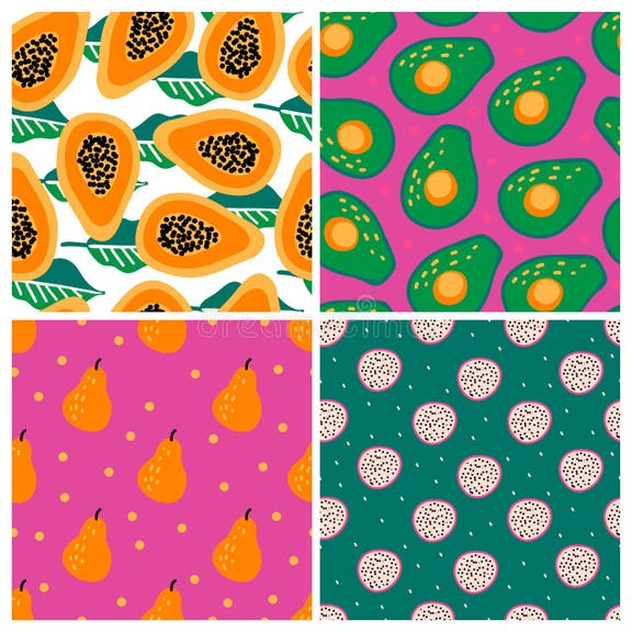 Set of Four Seamless Repeat Patterns with Hand Drawn Fruits and Berries ...