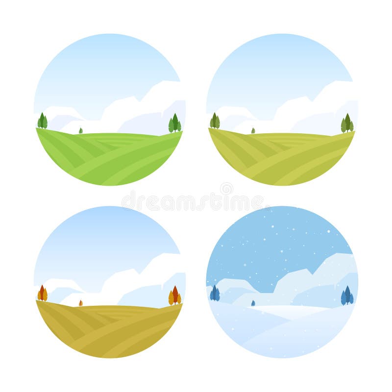 Set of Four Seasons Rural Landscape with Fields. Spring, Summer, Autumn ...