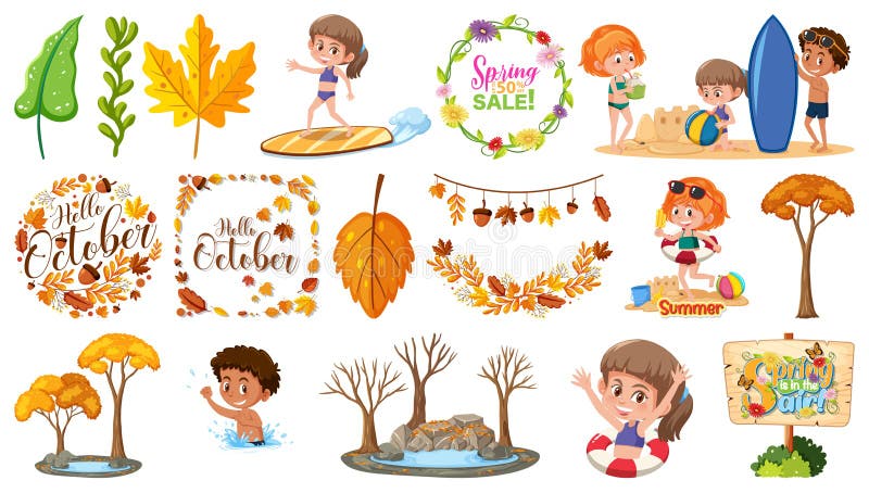 Set of Four Seasons Trees and Nature Objects Stock Vector ...