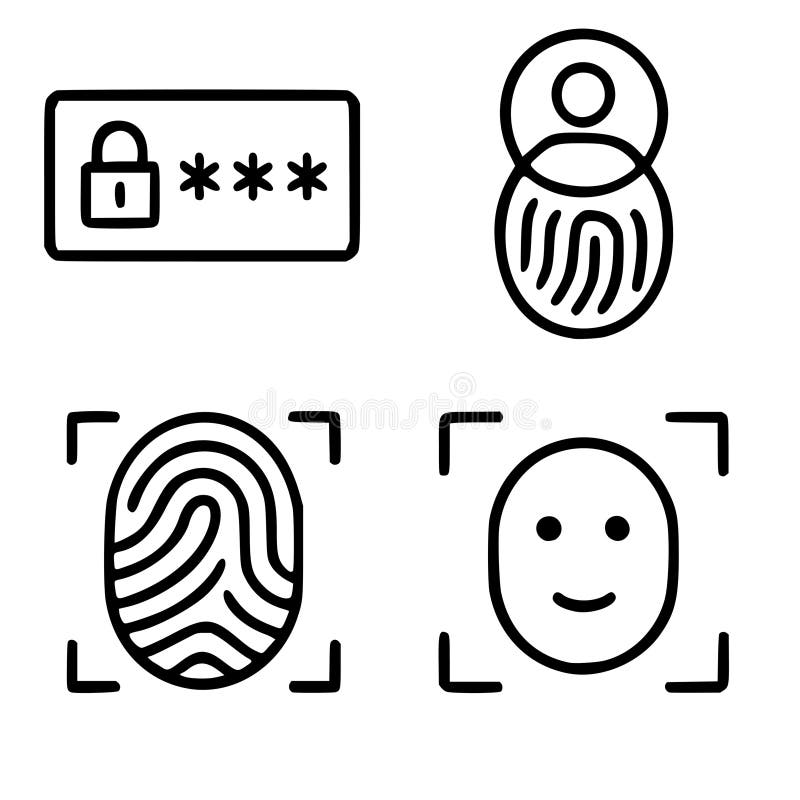 Set of Four Security Icons in Black. Top Left: Password Box with Lock ...