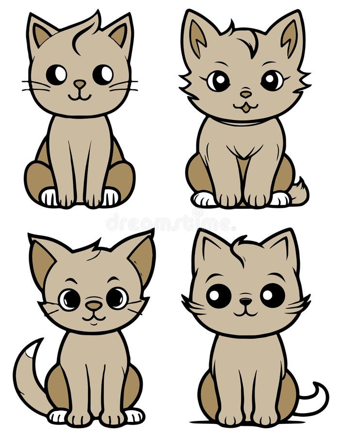 Set of Four Sitting Kittens in Children S Illustration Style Stock ...