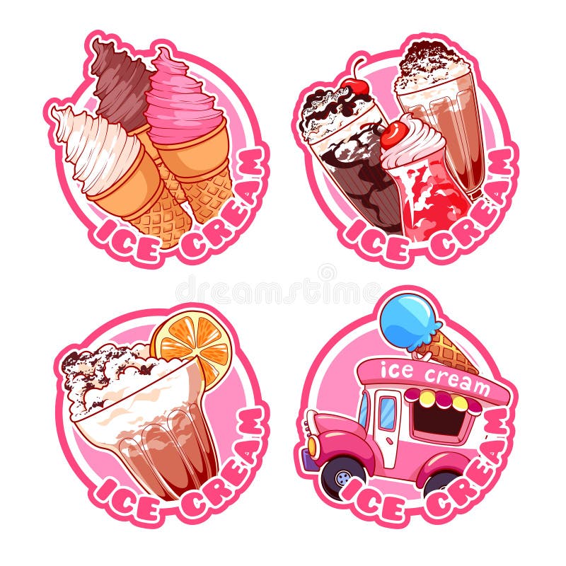 Set Of 6 Vector Ice Cream Stickers With Chocolate Topping And Cherry