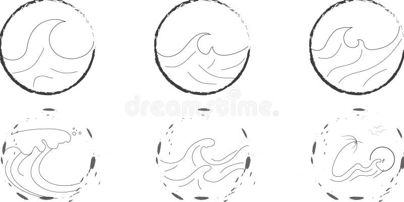 Set of Four Stylized Ocean Wave Illustrations in a Simple, Hand-drawn ...