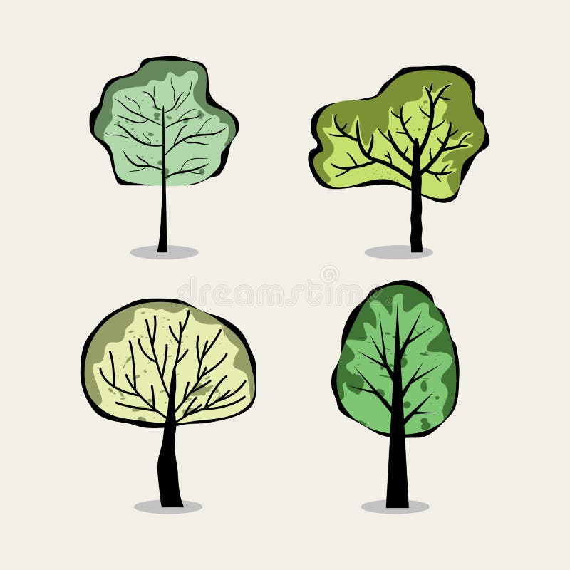 Set of Four Trees in Abstract Style Stock Vector - Illustration of leaf ...