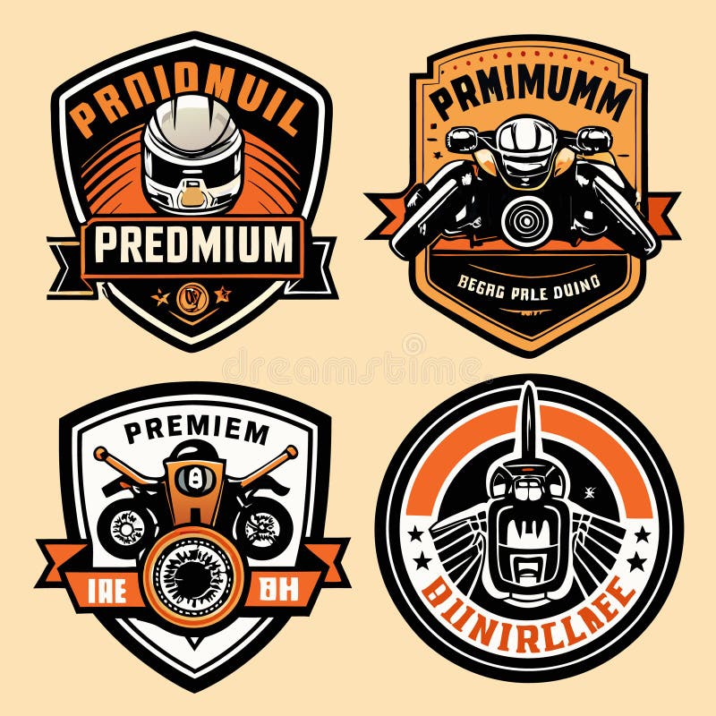 Set of Four Unique Motorcycle Themed Badges with Different Designs and ...