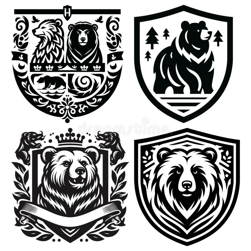 Set of Four Vector Bear Crests, Black and White, Detailed Heraldic ...