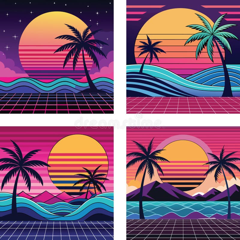 Four Retro-Futuristic Sunset Beach Scenes Stock Vector - Illustration ...