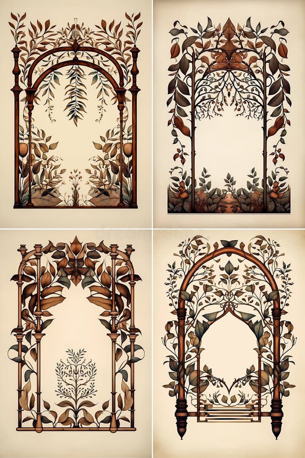 Set of Four Vintage Frames with Leaves and Flowers. Vertical ...