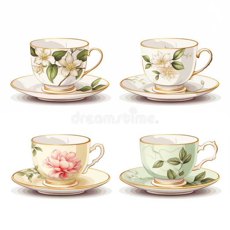 Set of Four Vintage Tea Cups with Floral Designs and Saucers Stock ...