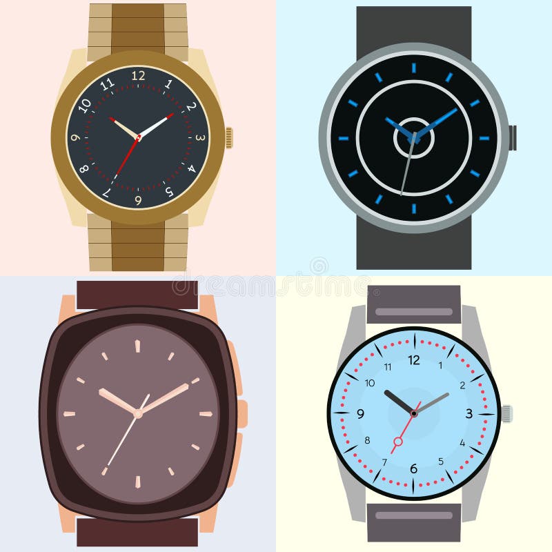 Set of Four Watches. Clock Face with Hour, Minute and Second Hands ...