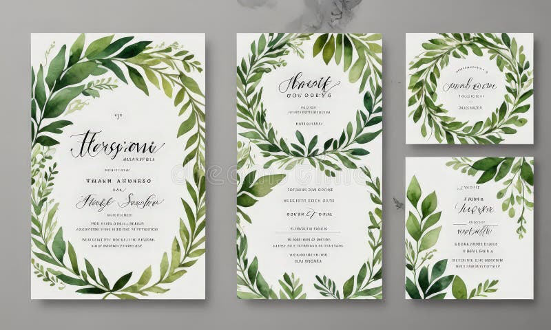 Set Four White Wedding Invitations with Green Leaf Designs, Arranged in ...