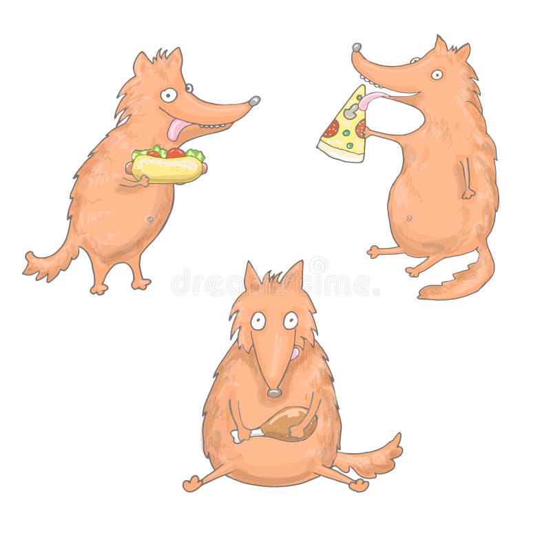 Set of three eating foxes stock illustration. Illustration of emotions ...