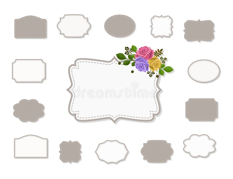 Set of Frames Decorated with Stitching and Flowers, Isolated on Whiye ...