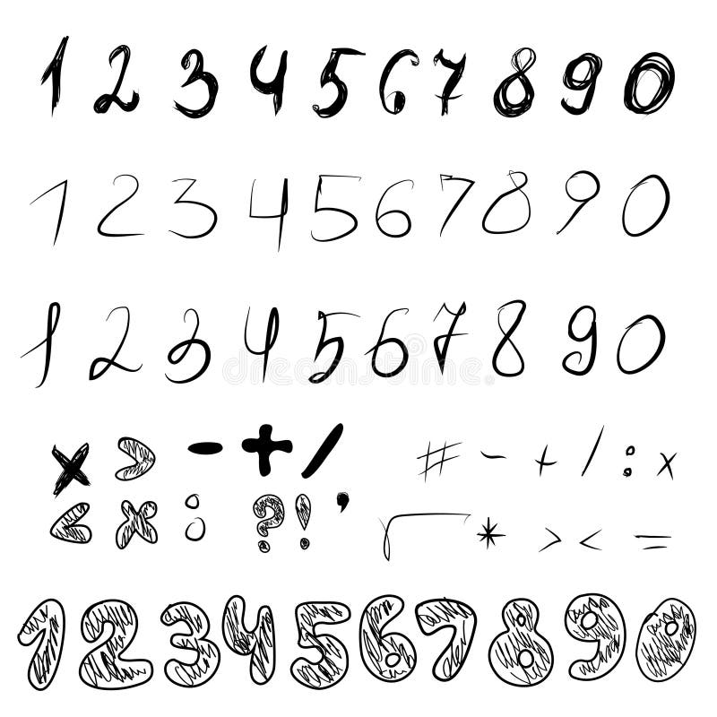 Set of Freehand Drawn Numbers and Math Signs. Black Doodle Style Stock ...