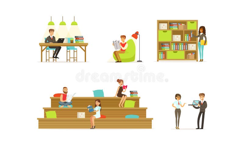 Set of Freelance People or Students Working, Learning or Studying at ...