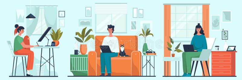 Set of Freelance People Work in Comfortable Conditions at Home Stock ...
