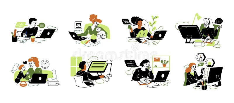 Set of Freelance People Working Remotely Stock Vector - Illustration of ...