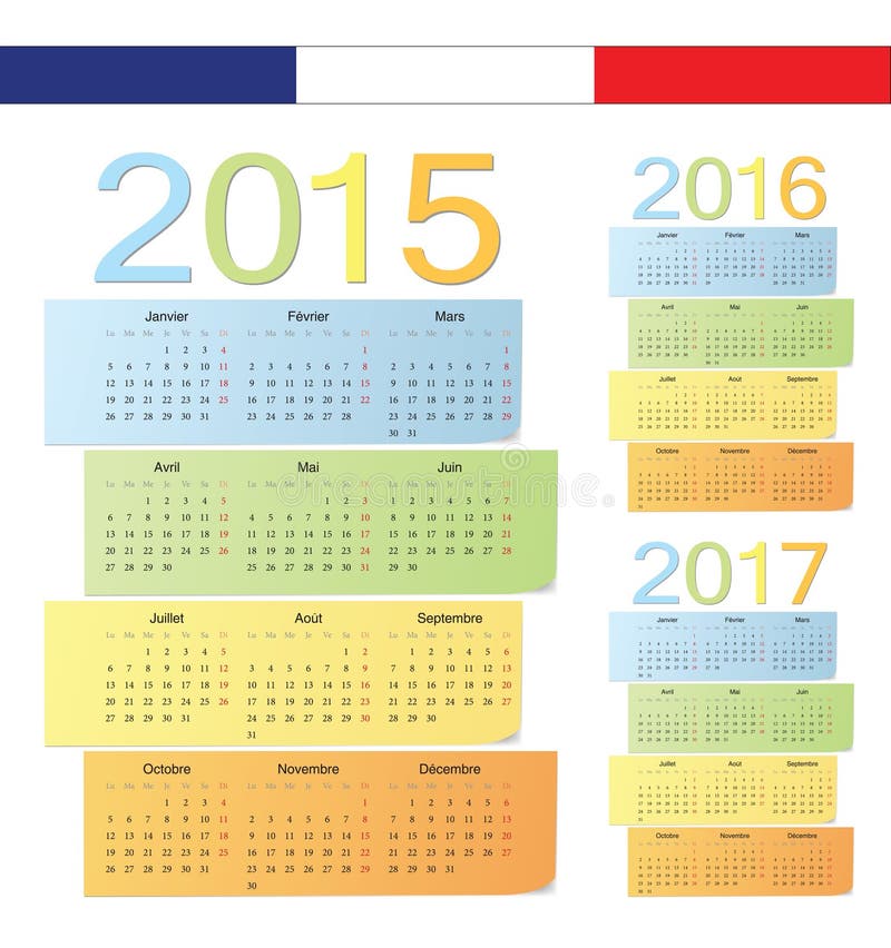 French 2016 2017 and 2018 Year Vector Calendar Stock Vector ...