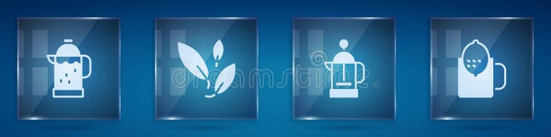 Set French Press, Tea Leaf, and Cup of Tea with Lemon. Square Glass ...