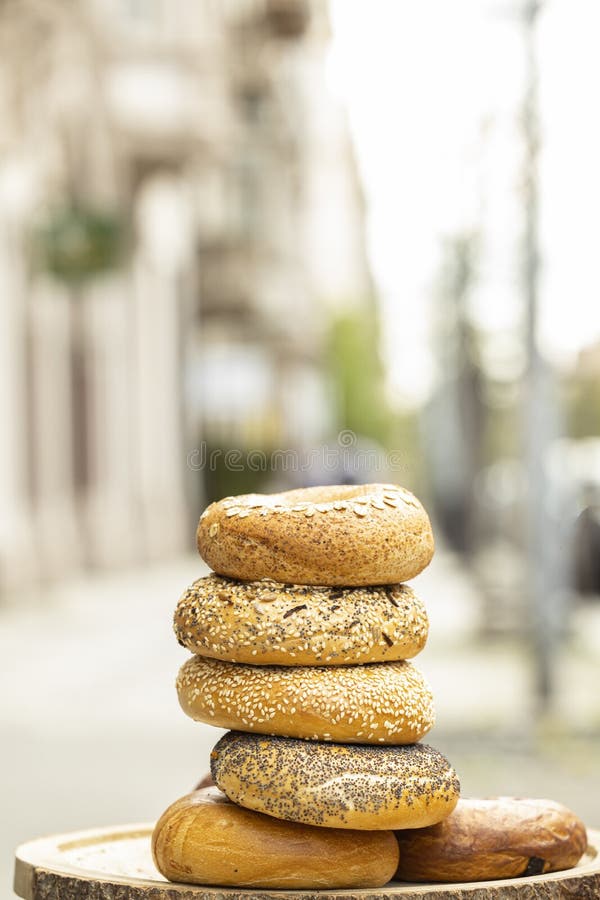 Different Types of Bagels in a Stack Stock Image - Image of grain ...