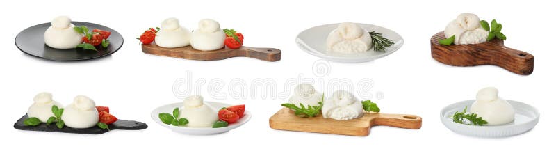 Set with Fresh Delicious Burrata Cheese on White Background. Banner ...