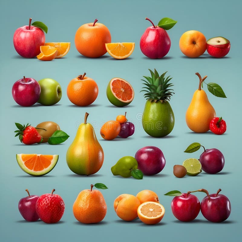 Set of Fresh Fruit Icons, Glassy 3D Look Stock Illustration ...
