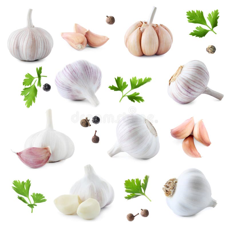 Set of Fresh Garlic and Different Seasonings on Background Stock Photo ...