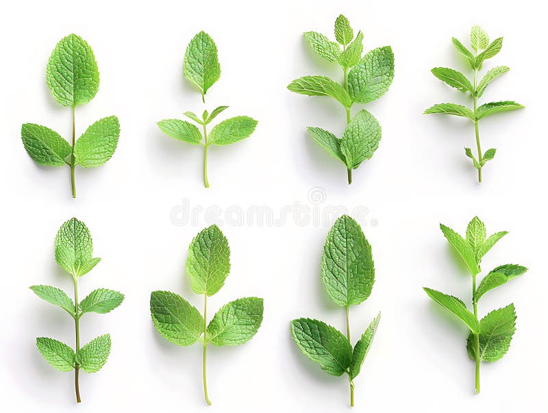 Set of Fresh Mint Leaves Against a White Background in High Resolution ...